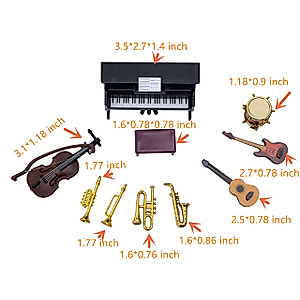Kodycity Dollhouse Miniature Musical Instruments Set Mini Accessories Piano Violin Trumpet Guitar Saxophone Drum Doll House Accessory Miniatures 1 12 Scale for Model Music Room Decor