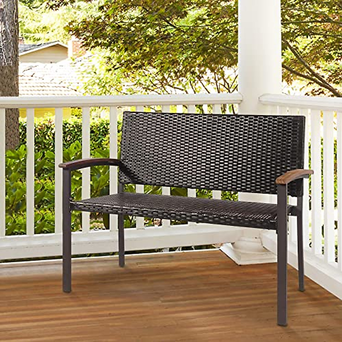 Tangkula Outdoor Stackable Bench, All-Weather PE Wicker Loveseat with Acacia Wood Armrests, 2-Person Heavy Duty Metal Frame Patio Bench, for Garden, Front Porch, Courtyard