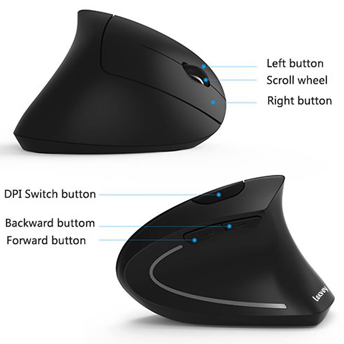 Ergonomic Mouse, Vertical Wireless Mouse - LEKVEY Rechargeable 2.4GHz Optical Vertical Mice : 3 Adjustable DPI 800/1200/1600 Levels 6 Buttons, for Laptop, PC, Computer, Desktop, Notebook etc, Black