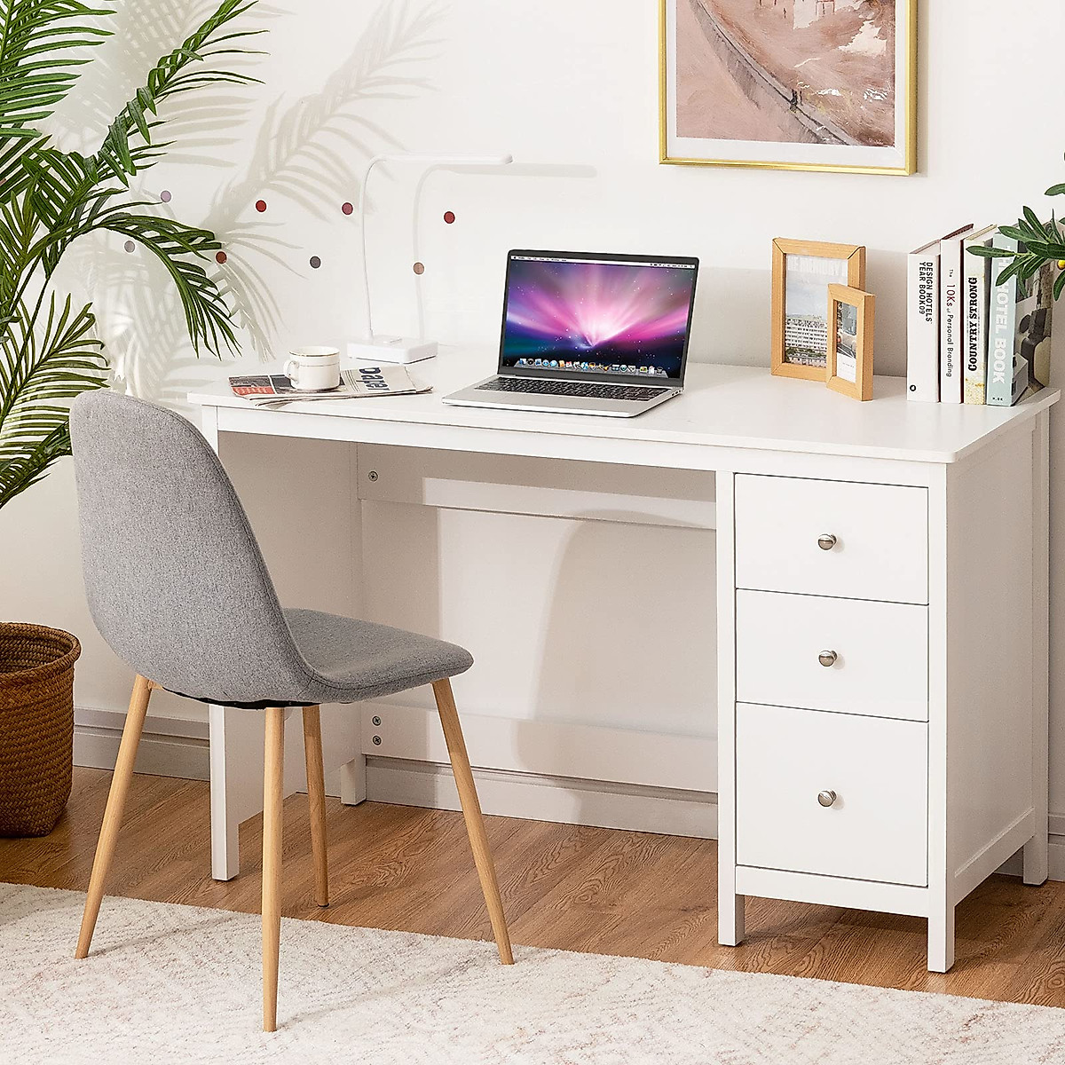 Tangkula White Desk with Drawers, Modern Home Office Computer Desk with Storage Drawers & Spacious Desktop, Compact Writing Study Desk Laptop Desk for Bedroom, Multipurpose Workstation