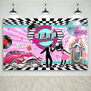 Mocsicka 50s Birthday Party Banner Back to 50's Rock and Roll Banner Backdrop 1950s Party Decorations Retro Rocking Backdrop for 50s Party, 72.8 x 43.3 Inch