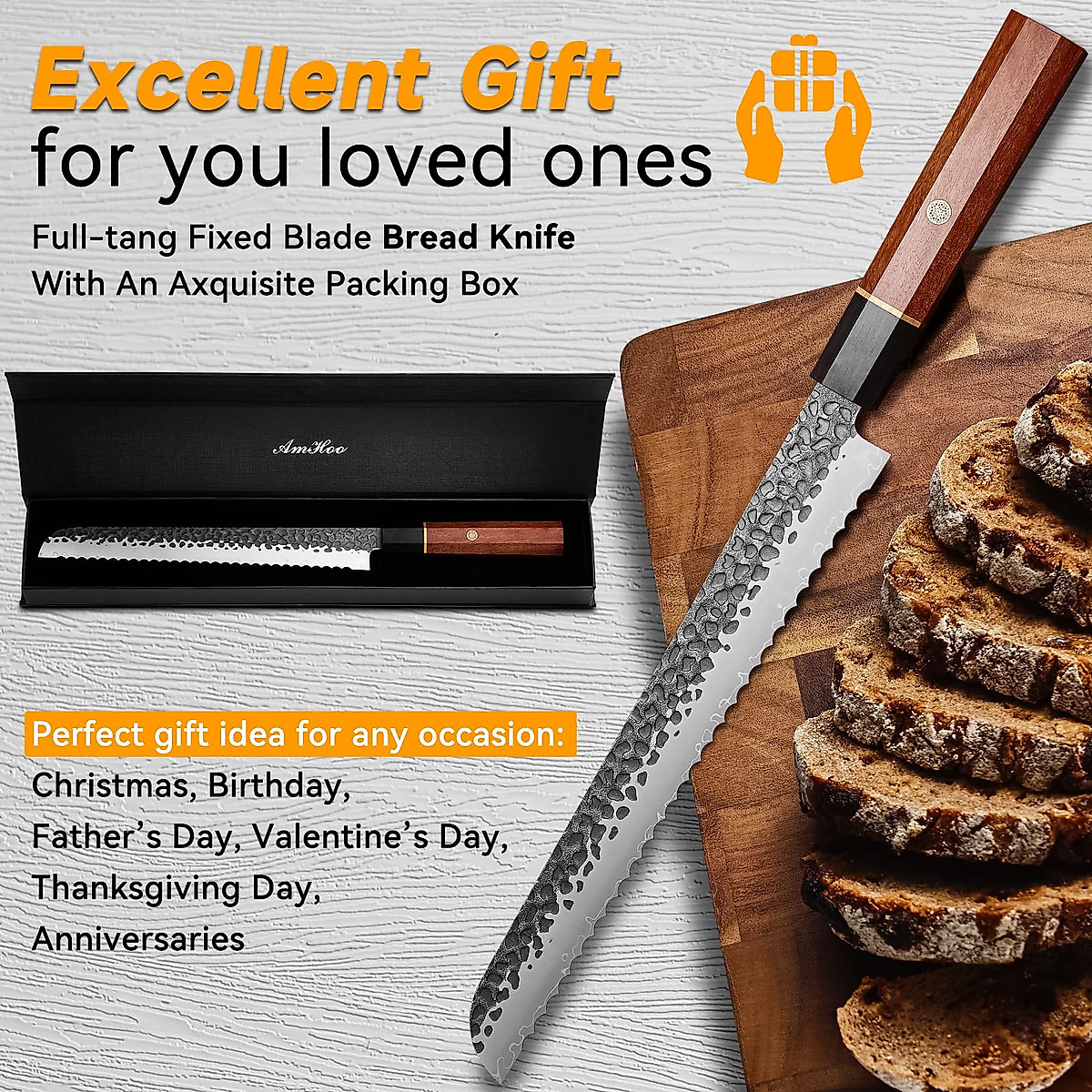 AmHoo Bread Knife 10-inch 9CR18MOV High Carbon Stainless Steel Professional Hand Forged Ultra Sharp Serrated Handle Rosewood for Homemade Bread Cake Christmas Gifts