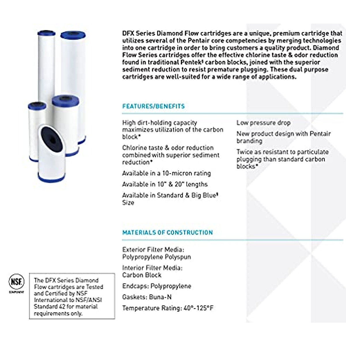 Pentair Pentek DFX-CB-10 Carbon Water Filter, 10-Inch, Under Sink Diamond Flow Dual-Purpose Replacement Filter Cartridge, 10" x 2.5", 10 Micron