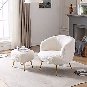 LukeAlon Sherpa Accent Chair with Ottoman Set, Upholstered Round Back Living Room Chair with Footrest Comfy Sofa Chair with Golden Metal Legs Elegant Barrel Chair for Reading Room, White