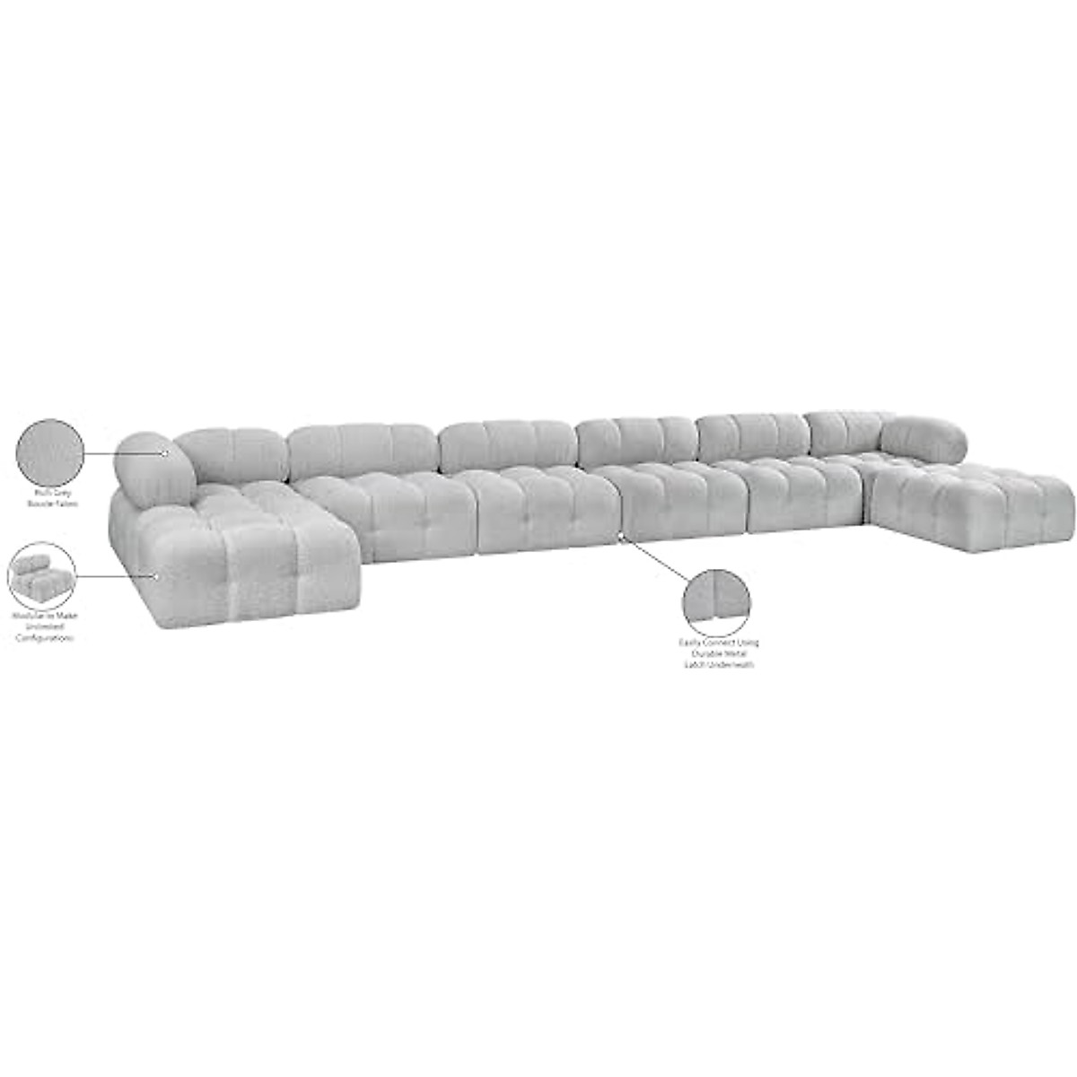 Meridian Furniture 611Grey-Sec8B Ames Collection Modern | Contemporary Modular Sectional with Rich Grey Boucle Fabric, Modular to Create Infinite Configurations, 204" W x 68" D x 28" H, Grey