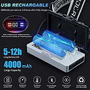 Headlamp Rechargeable for Adults 100000 Lumens, XHP99 Bright Head Lamps Outdoor Led Headlight - 4 Modes, 270° Adjustable, Red-Blue Warn Light, Digital Power Displayer, Zoomable Mutifunction Headlamps
