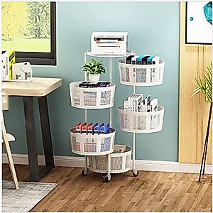 Rotating Kitchen Storage Rack 5 Tier Round Metal Baskets on Wheels Floor-Standing Fruit and Vegetable Storage Basket Household Storage Rack for Bathroom Kitchen Living Room, White