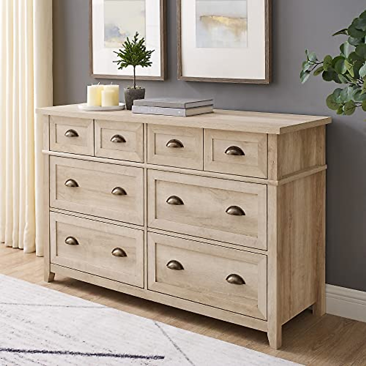 Walker Edison Modern Farmhouse 6-Drawer Framed Dresser with Half-Moon Handles, 52 Inch, White Oak