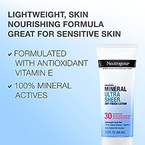 Neutrogena Mineral UltraSheer Dry-Touch SPF 30 Sunscreen Lotion, Water-Resistant Broad-Spectrum UVA/UVB Protection, Skin Nourishing, Lightweight With Vitamin E, Oxybenzone-Free, 3.0 fl. oz