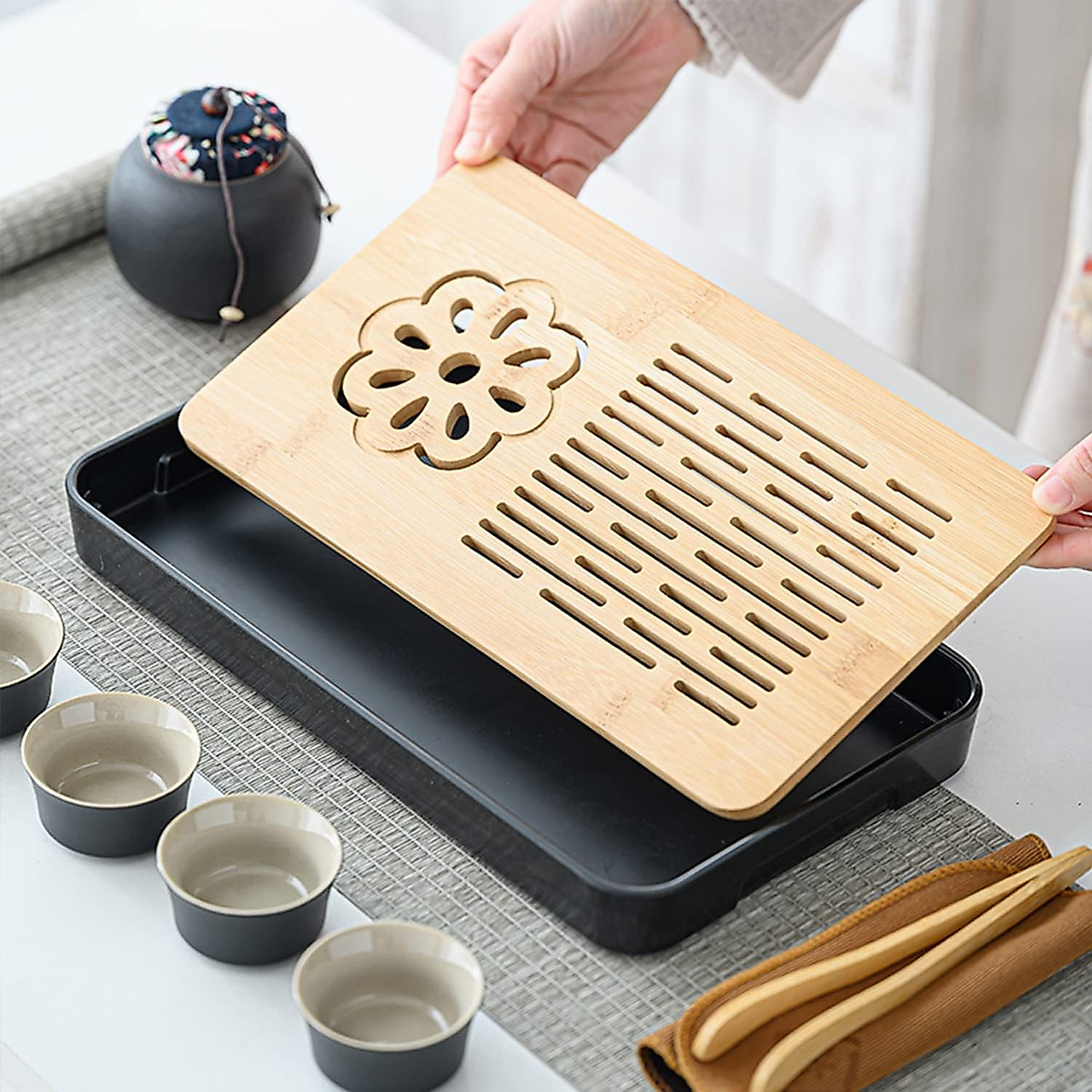 ICHAG Asian tea set |Kungfu tea sets |Ceramic Portable tea set |tea sets for adult |13-piece withgrey leather case |Tea set gift for Home, Outdoor, Business (Ceramic-Black teaset)