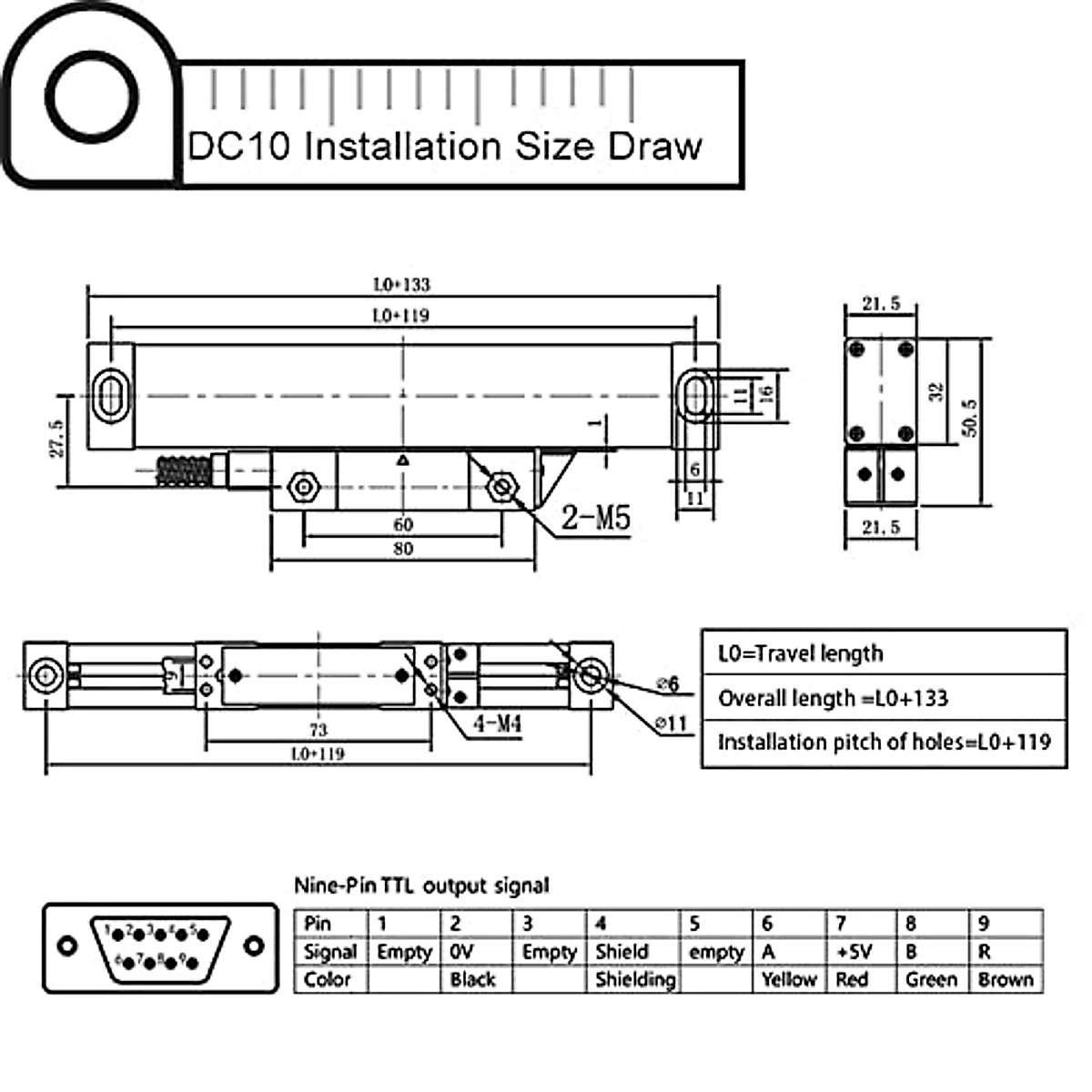 High Accuracy Linear Scale Encoder 5um 270mm (10") Travel Length for Lathe Machine Milling Machine DRO Tools
