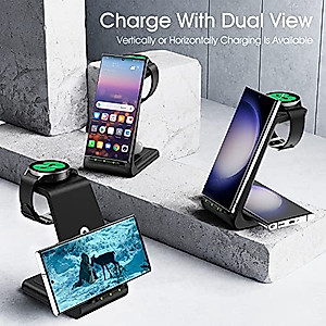 Wireless Charging Station for Samsung, Earteana 3 in 1 Wireless Stand Dock for Samsung S23/S22/S21/S20/Note 20, Galaxy Watch5/4/3/Active/2/Gear S3, Buds+/Live, 18W QC Adapter Included (Black)
