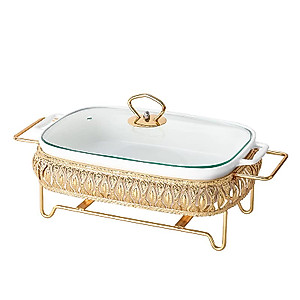 HONHPD 3 Pieces Set Gold Ceramics Chafing Dish Buffet Set, Full Size Chafers and Buffet Warmers W/Glass Lid, Underglaze Rectangle Food Warming Tray for Weddings Party（11inch, 13inch, 15inch）