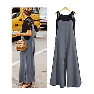 YESNO Women Casual Loose Long Bib Pants Wide Leg Jumpsuits Baggy Cotton Rompers Overalls with Pockets (2XL PZZTYP2 Gray)