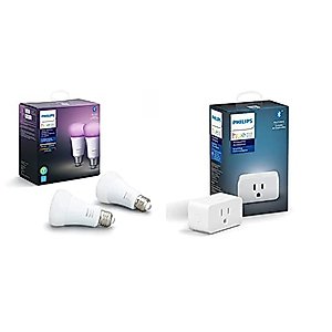 Philips Hue White and Color Ambiance 2-Pack A19 LED Smart Bulb, Compatible with Alexa & Google Assistant – A Certified for Humans Device & 552349 Smart Plug, 1 Count (Pack of 1), White