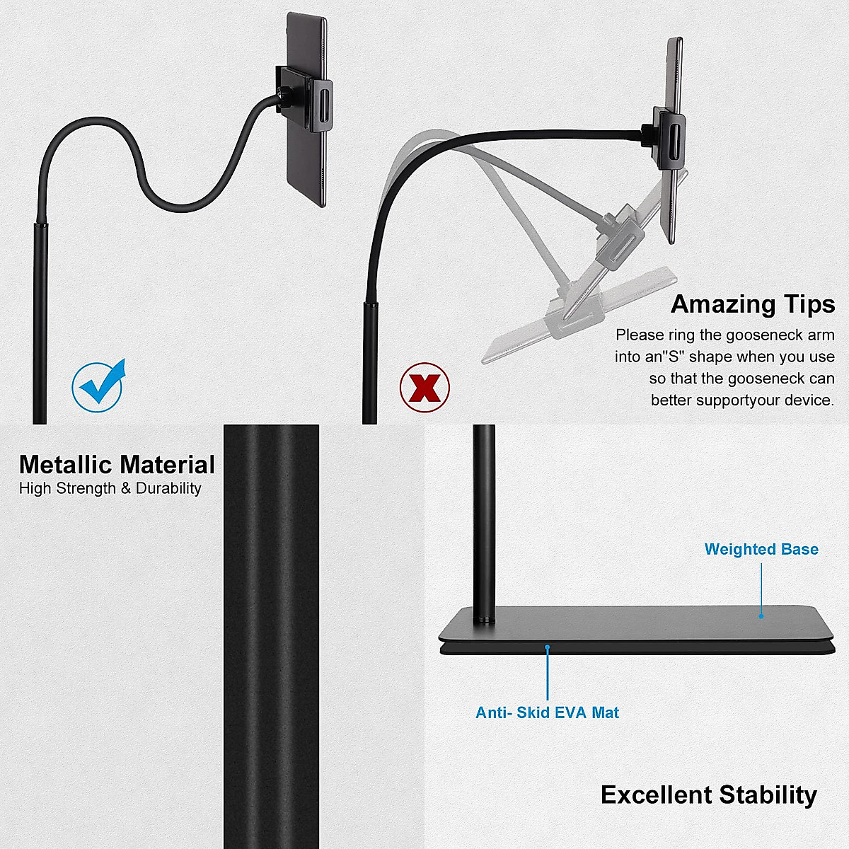 PHOPIK iPad Floor Stand, Height Adjustable, Heavy Duty Aluminum Alloy, Fits Devices 4.3-9.8 Inches, Stable Tablet Holder for Home, Office, Classroom