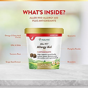 NaturVet Aller-911 Advanced Allergy Aid for Dogs, Cats – Antioxidant-Rich Pet Supplement with Omegas, DHA, EPA – Helps Support Dog Immune System, Cat Respiratory Health, Skin Moisture 70 Soft Chews
