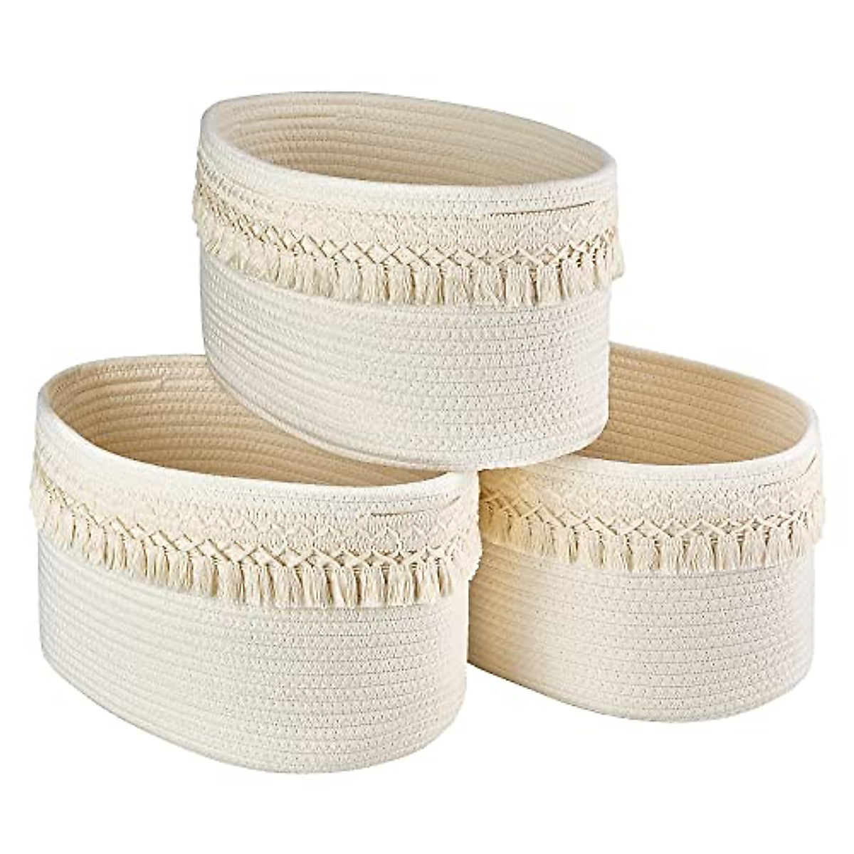 Mkono 3 Pack Storage Baskets Bins for Shelves Boho Toys Organizer Decor Small White Woven Cotton Rope Basket with Macrame Tassels Books Towel Storage for Bedroom Nursery Living Room, 13" x 8.6" x 7.8"
