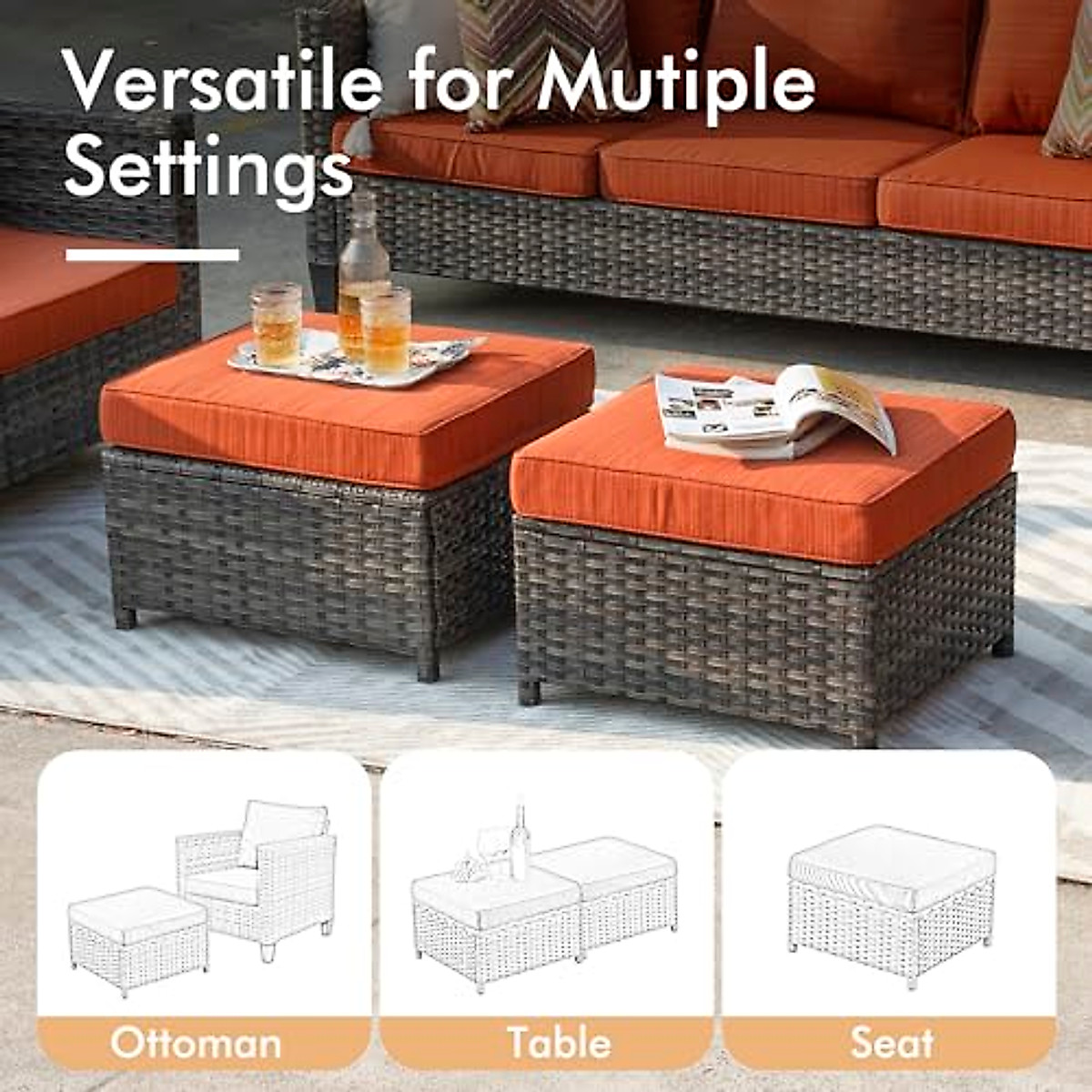 XIZZI Patio Furniture Set Outdoor All Weather Wicker 7 Pieces Conversation Sofa with High Back Swivel Rocking Chairs Matching Side Table,Ottomans and Coffee Table,Brown Wicker Orange Red