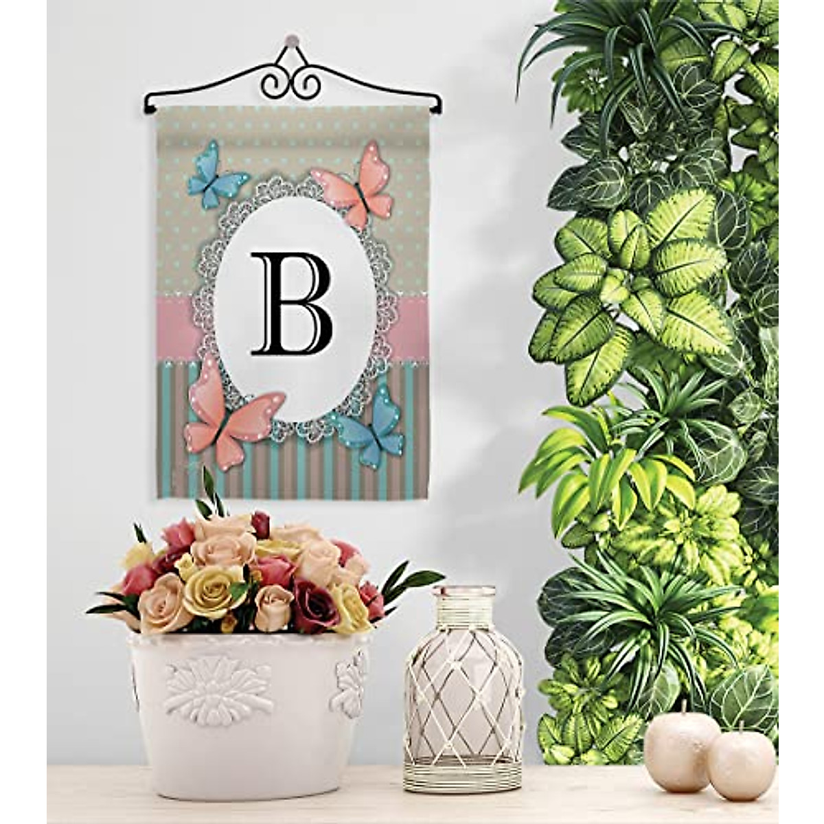 Breeze Decor B Initial Garden Flag Set Wall Hanger Monogram Friends Bugs & Frogs Butterfly Ladybugs Dragonfly Bee Springtime Insect Natural Wildlife House Yard Gift Double-Sided, Made in USA