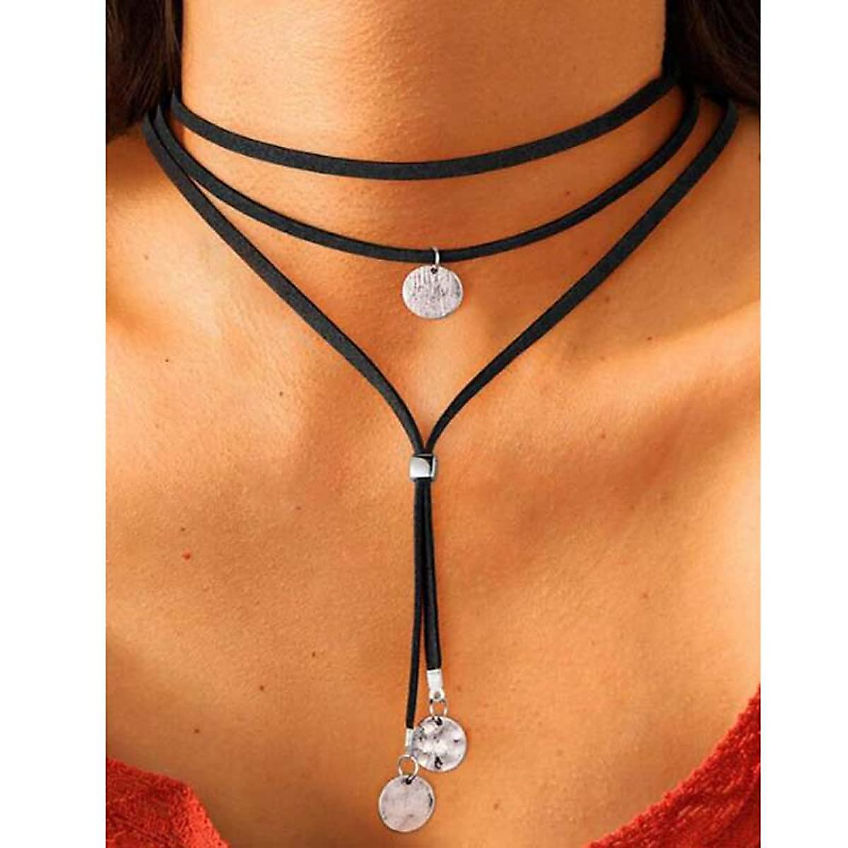 LARVOVUE Boho Black Velvet Choker Necklace for Women Gothic Silver Coin Pendant Layered Long Jewelry (Black)