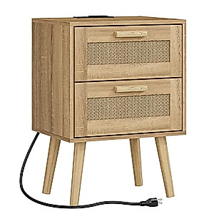 Masupu NightStand with Charging Station,Bedside Table with PE Rattan Decor Drawer, 2 Drawer Dresser for Bedroom,Rattan Furniture,Small Side Table,Rattan Night Stand for Bedroom,Living Room