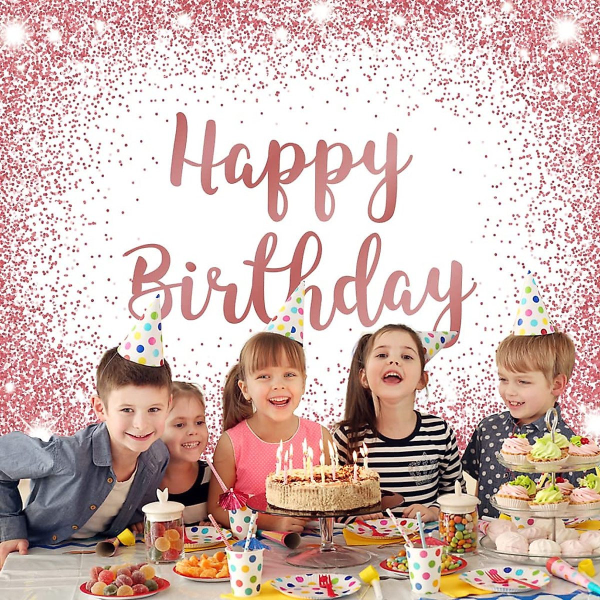 ASOONYUM 7x5ft Happy Birthday Backdrop Pink Rose Gold Glitter Birthday Photo Backdrops for Women Young Girl Golden Sweet 16th 21st 40th Birthday Photography Background