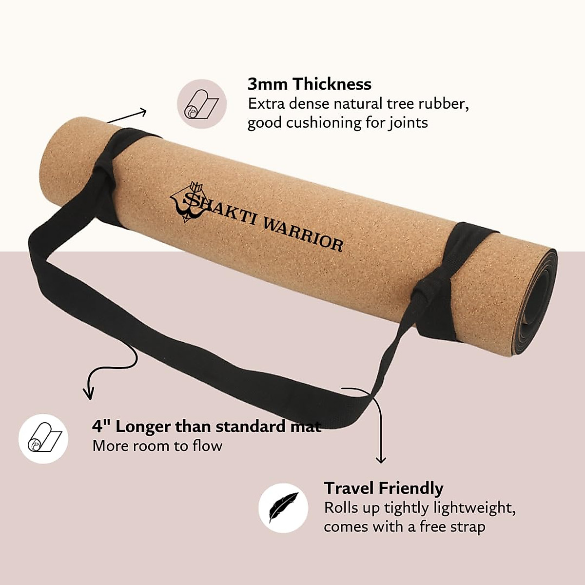 Shakti Warrior Akasa cork yoga mat - Artist Designed, Premium eco friendly mats, Non Slip, Non toxic, Great For Regular & Hot Yoga, Pilates and Workouts (72 inch x 24 inch x 3mm thick)
