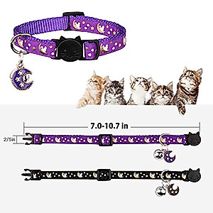 2Pcs Breakaway Cats Collars Cat Collars for Boy & Girl Cats Moons Adjustable Kitten Collars with Bell & Pendant Glow in The Dark,Purple+Black
