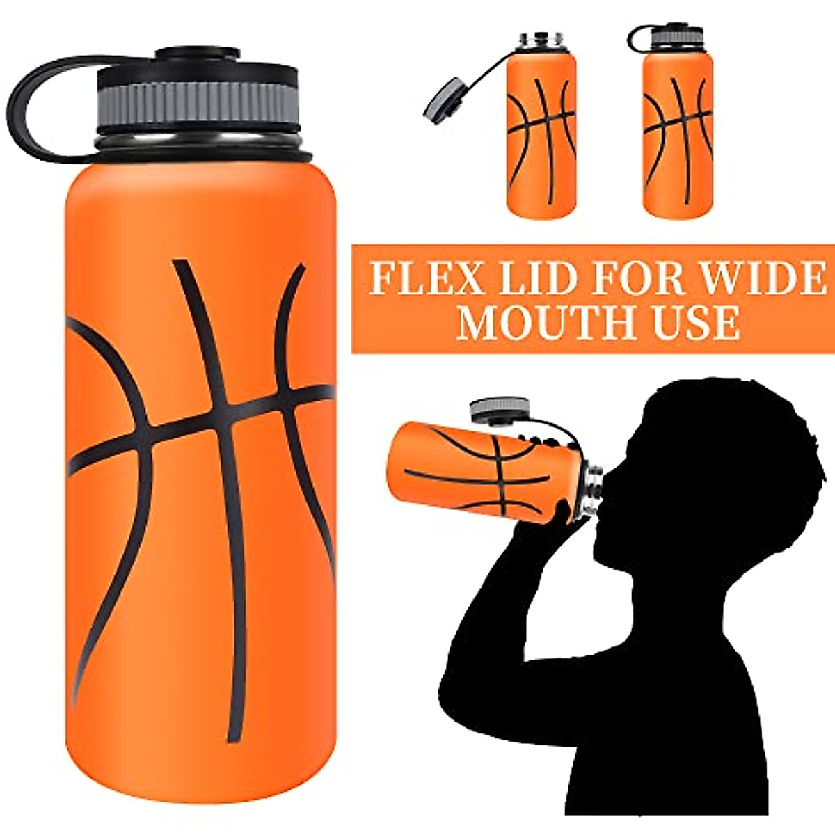 LaiChary 32oz Wide Mouth Basketball Water Bottle with Two Lids(Straw, Handle Lid), 18/8 Stainless Steel Vacuum Insulated for Travel & Sport Cup. (Basketball Brown, 32oz)