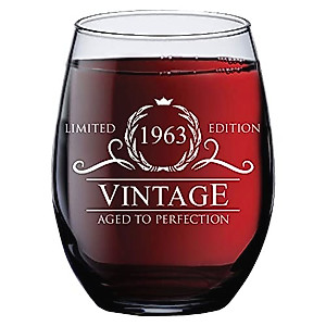 60th Birthday Gifts for Women Men - 1963 15 oz Vintage Style Stemless Wine Glass - Birthday Glasses Drinking Gifts - 60th Birthday Decorations for Women - Retirement Gifts for 60 Year Old Woman Man