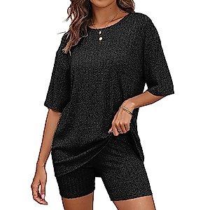 BEKOFO Lounge Set Pajama Sets Ribbed Knit Dropped Short Sleeve Yoga Outfits Tshirt Bike Shorts 2023 Fashion Women Pajama Pj Sets Black Large