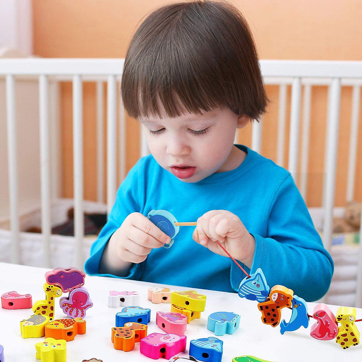 Tacobear Wooden Lacing Beads for Toddlers Montessori Threading String Toys, Dino Safari Farm Sea Animal Preschool Educational Learning Toys Christmas Birthday Gift for Kids 3 4 5 6 Year Old Boys Girls