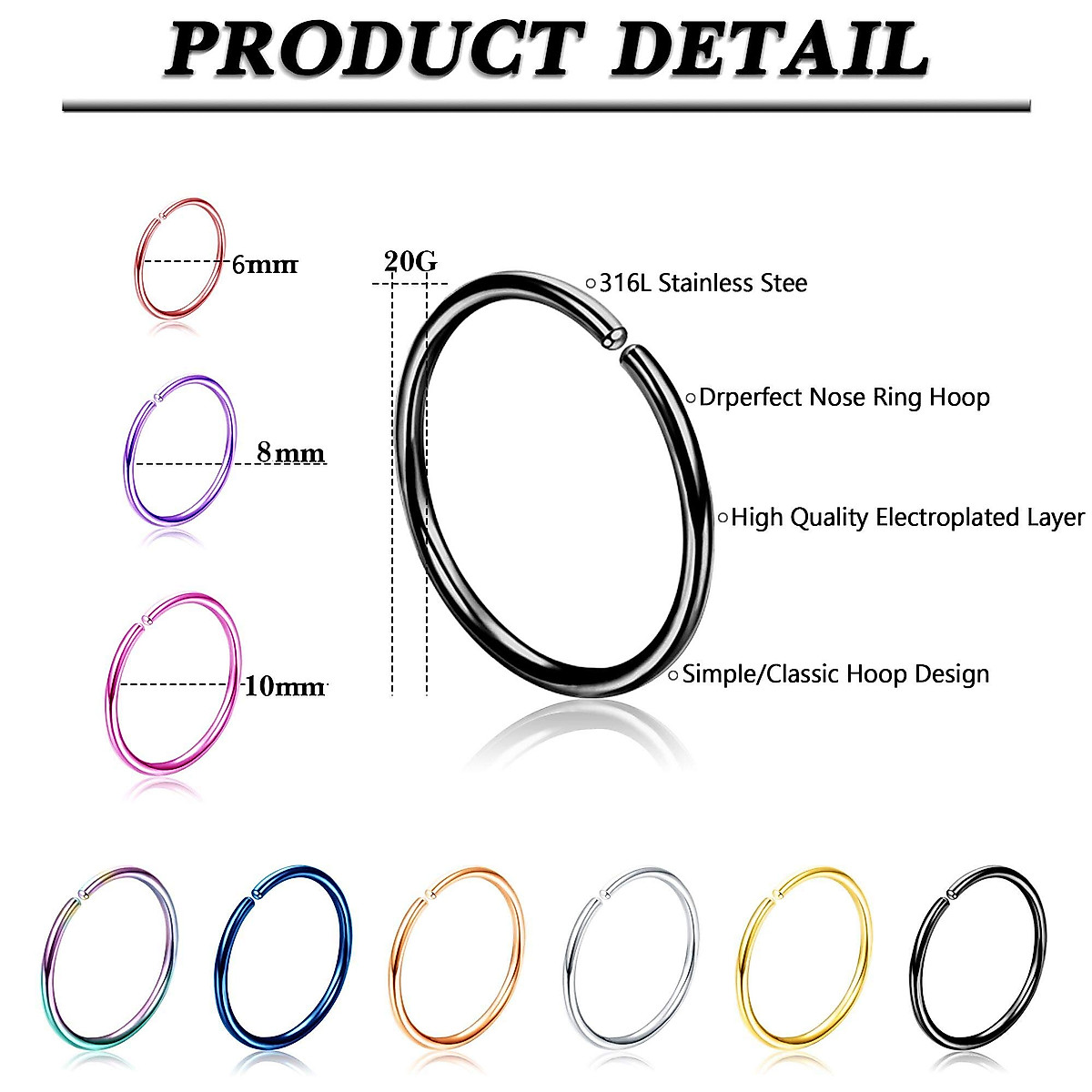 Drperfect 36Pcs 20G Nose Ring Hoop for Women Men 316L Stainless Steel Helix Tragus Lip Septum Ring Cartilage Earring Hoop Piercing Jewelry