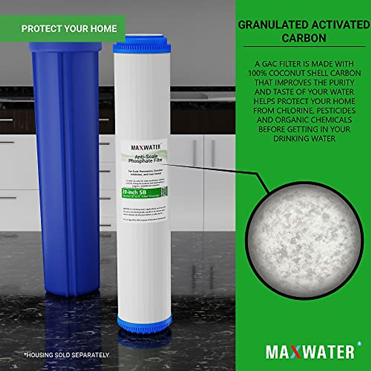 20" Slim Blue Whole House Whole House Anti Scale Filter Set - 20" x 2.5" Polypropylene Sediment, Phosphate Anti-Scale, CTO Carbon Block Water Filter pack, Total of 3 Filters