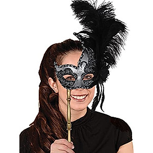 Beistle Plastic Costume Masquerade Mask on Stick With Feathers For Mardi Gras Party Supplies and Halloween Accessories