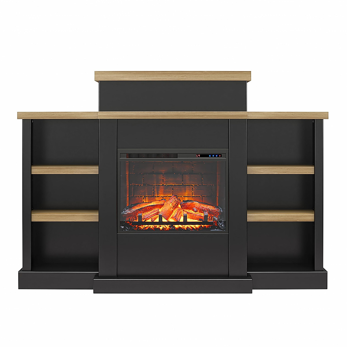 Ameriwood Home Gateswood 64 Inch Electric Fireplace with Mantel, Replaceable Fireplace Insert Heater, Shelves, Remote Control, Timer, Realistic Log and Flame Effect, Black