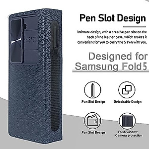 KUGEW for Samsung Galaxy Z Fold 5 Case with S Pen Holder & Camera Cover, Luxury Leather Wallet Phone Cover Built-in S Pen Slot Kickstand Function Card Holder Hinge Protection Shockproof (Blue)
