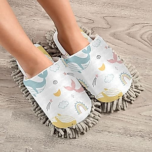 FLildon Microfiber Cleaning Slippers Cartoon Rainbow Whale Washable Mop Shoes Slipper for Men/Women House Floor Dust Cleaner, Size L