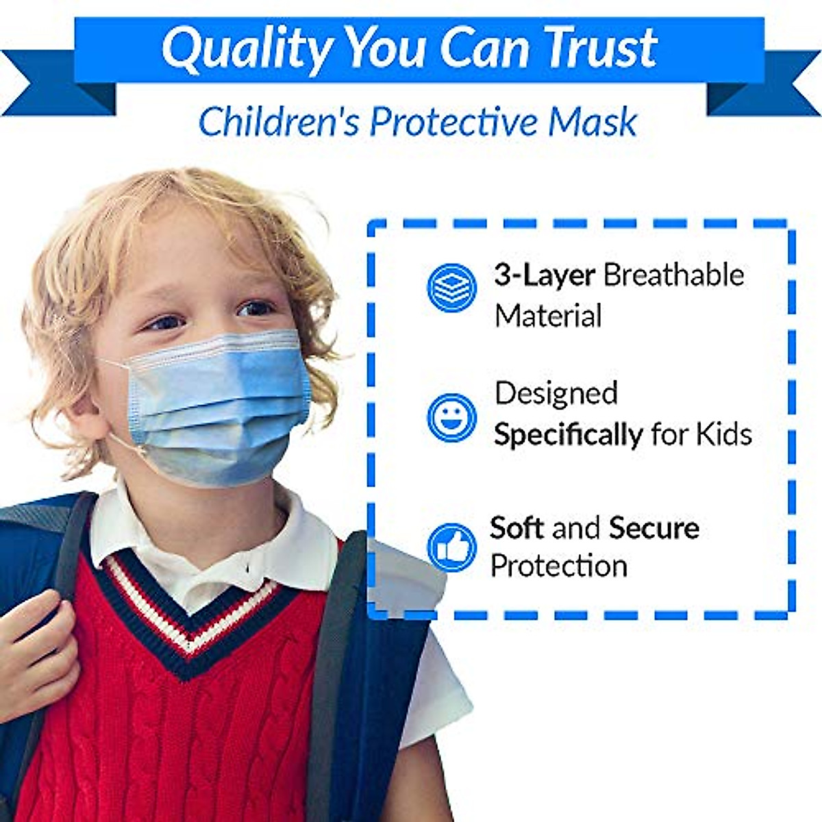 Reli. Kids Face Mask (50 Masks) Kids Disposable Face Mask for Children - 3 Layers - Small Size, Breathable - Ear Loop Face Mask for Kids/Children - 50 Pack Pc (Blue)