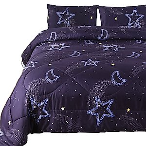 DECMAY 3PCS 3D Starry Sky Bedding Comforter Set Kids' Lightweight Comforter Alternative Duvet Insert Deep Blue Moon Star Night Twin Size Bedding for Girls and Boys Modern Design for Children Bedroom