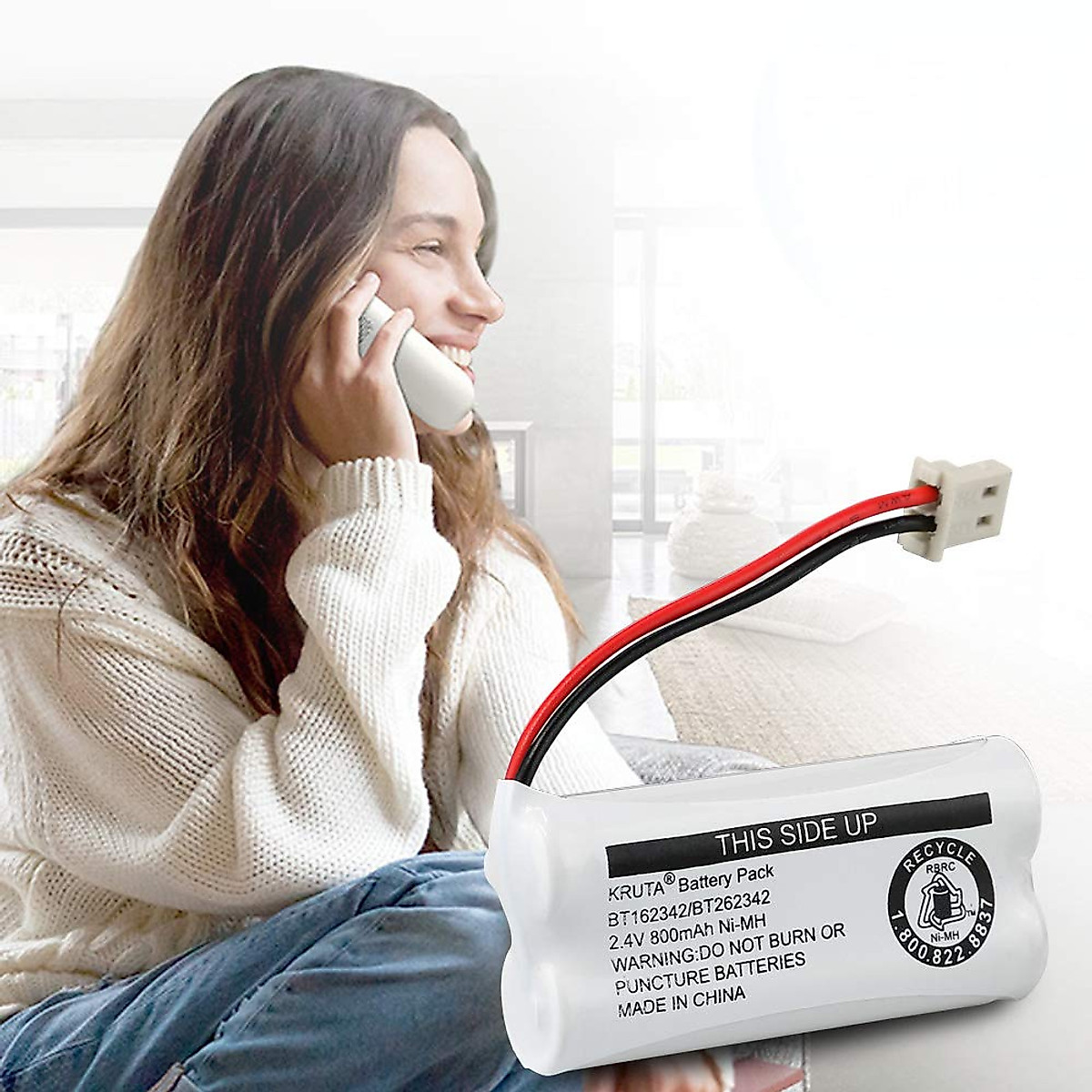 Kruta BT162342/BT262342 2.4V 800mAh Ni-MH Cordless Phone Battery Pack, Also Compatible with BT183342/BT283342 AT&T EL52351 TL90070 VTech CS5119 DS6511 DS6722 LS6305 Handset, 2-Pack