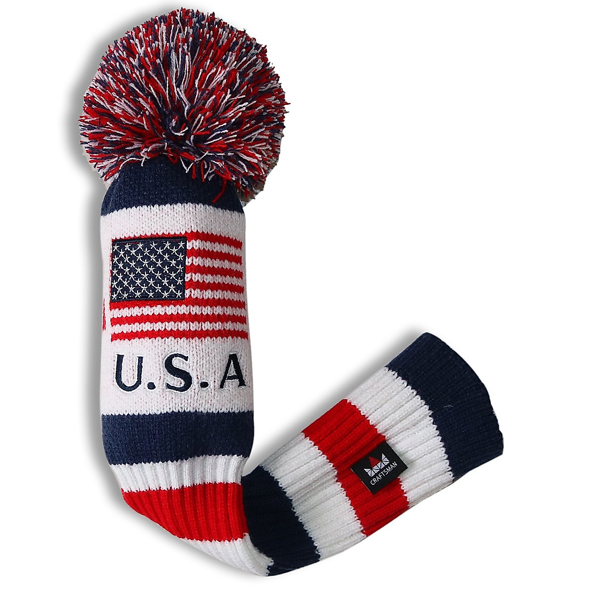 Craftsman Golf US Flag Knit Pom Pom White Blue Red Driver,Fairway Wood, Hybrid Head Cover Headcover for Callaway Mizuno Cobra Taylormade (4pcs(#1,3,5,X))