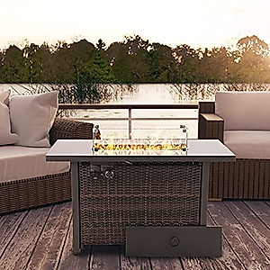43 in Propane Gas Fire Pit Table, 50,000 BTU Auto-Ignition PE Wicker Gas Fire Pit Table with Glass Wind Guard, Waterproof Cover, CAS Certified for Courtyard Terrace Gardens.