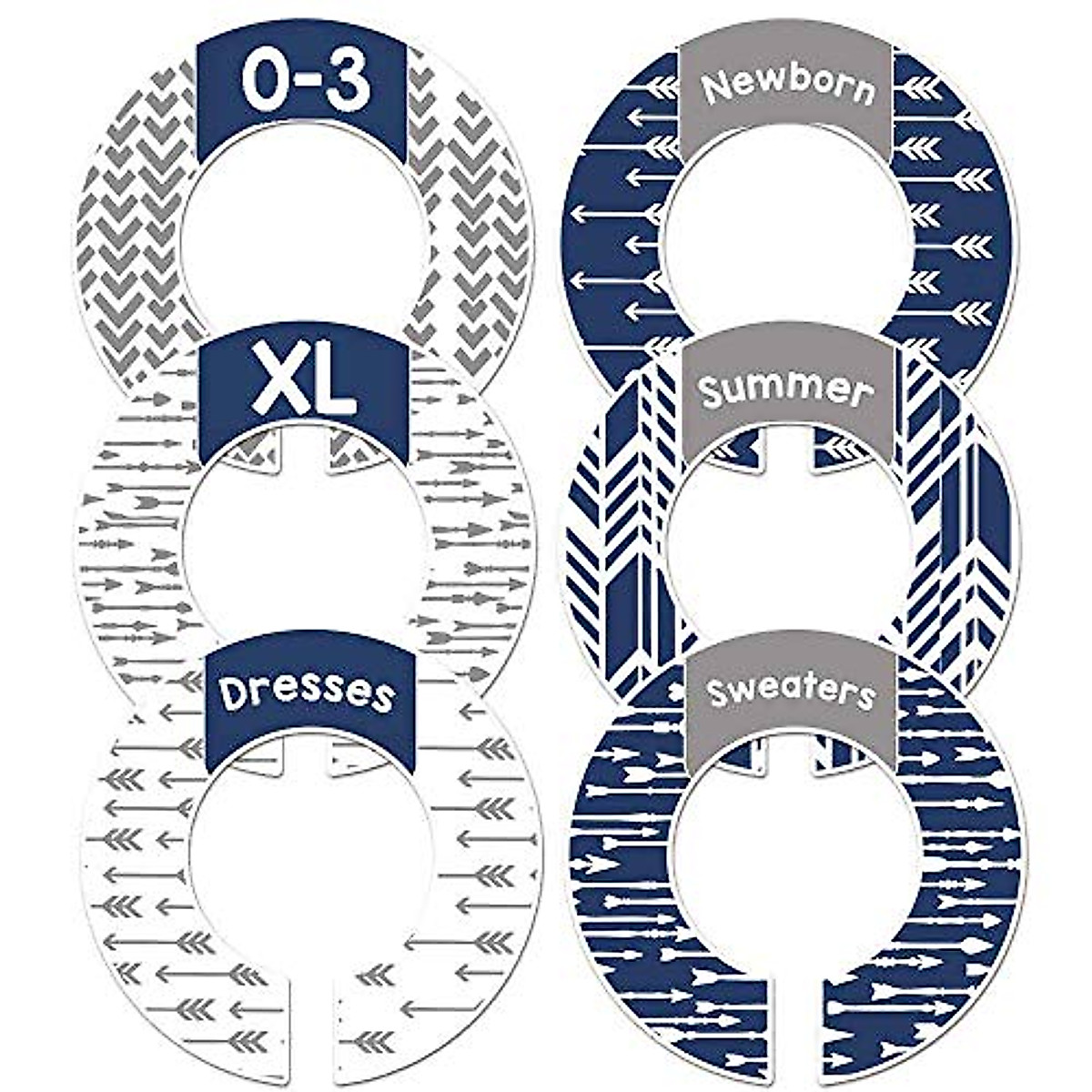 6 Adult or Baby Boy Nursery Clothing Size Closet Dividers Navy Gray Arrows (Fits 1.5" Rod)