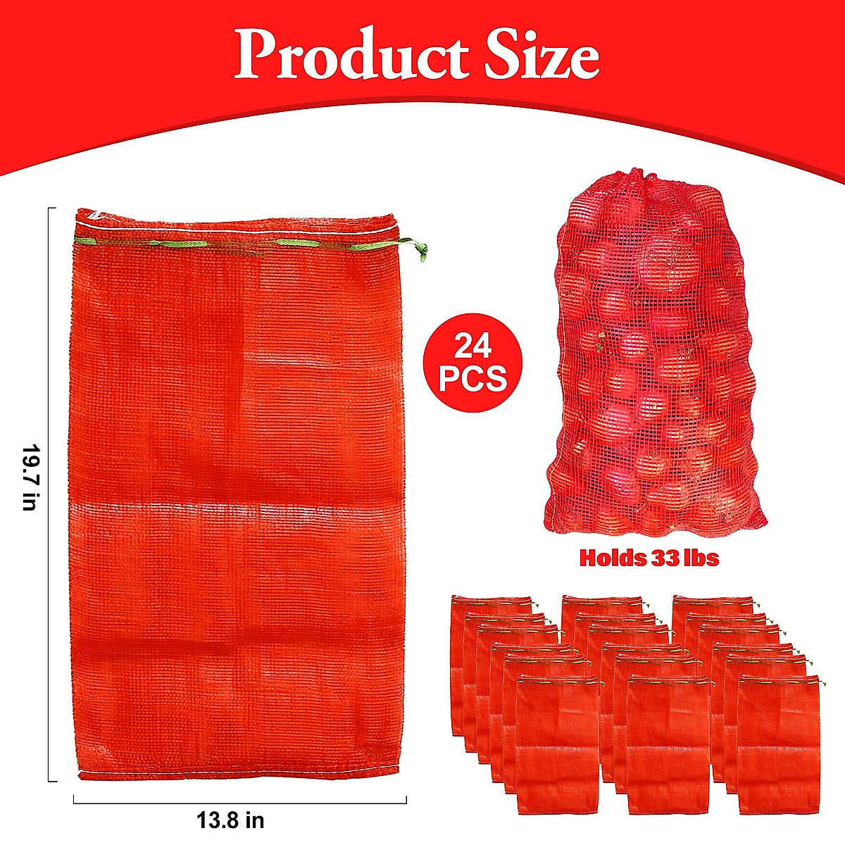 24 Pack 20'' x 14'' Mesh Onion Bags, Reusable Drawstring Fresh Produce Storage Bags for Onions, Vegetables, Potatoes, Citrus, Crawfish Firewood
