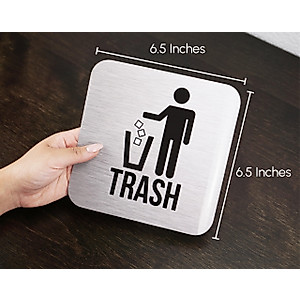 Recycle and Trash Stickers for Trash Cans - Stainless Steel Style Vinyl Recycling Bin Labels - 2 Pack - 6.5" by 6.5" Decals Logo - Waste Signs for Home Kitchen or Office Bins Indoor/Outdoor Use
