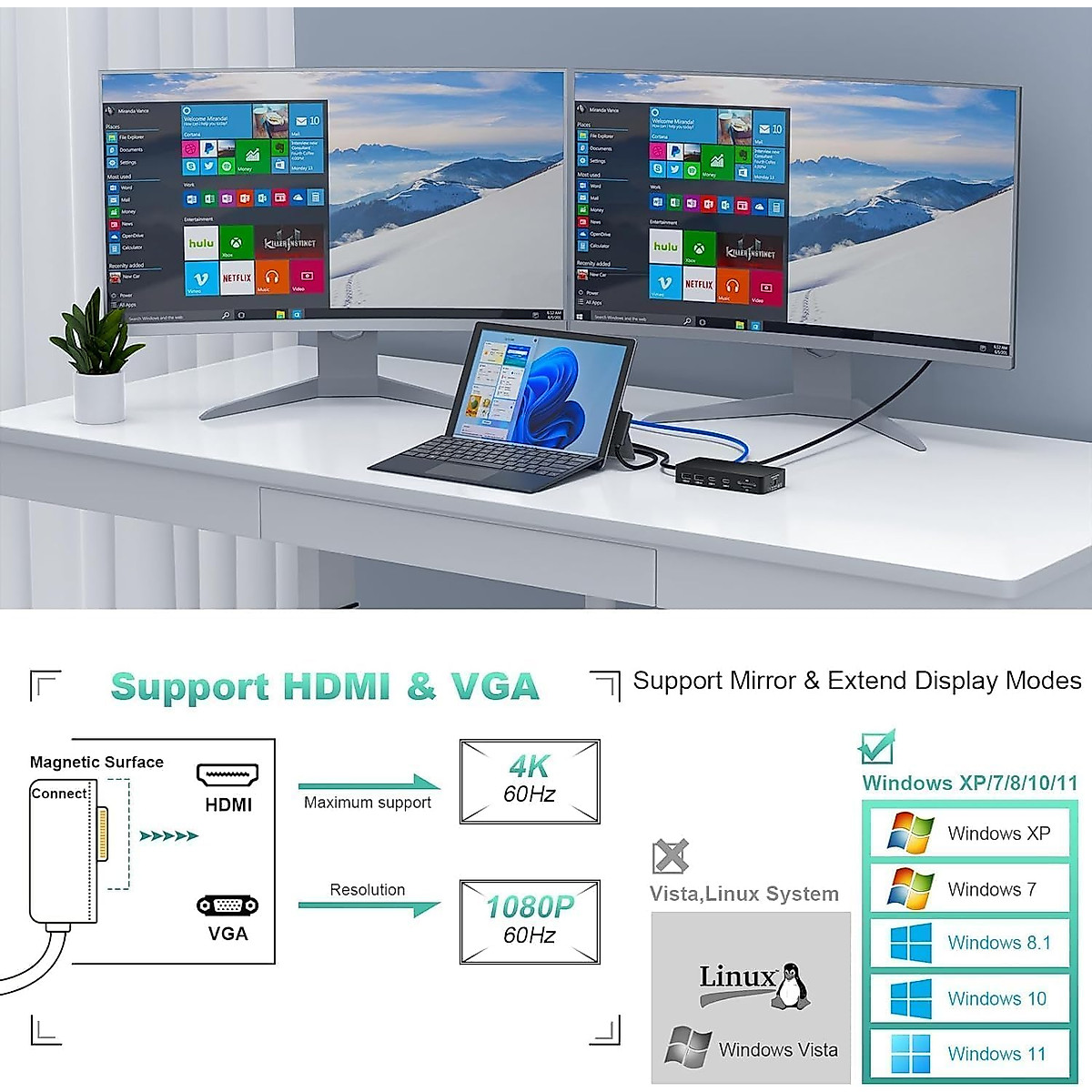 MTAKYI Surface Dock Triple Display with Power Supply, 12 in 1 Surface Pro Docking Station Dual 4K HDMI+VGA for Surface Pro 9/8/X/7/6/5/4/3, Surface Laptop go/5/4/3/2/1 USB C Splitter