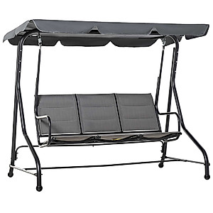 Outsunny 3-Seater Porch Swing Chair, Outdoor Swing Glider with Adjustable Canopy, Padded Breathable Seat, for Garden, Poolside, Backyard, Deck