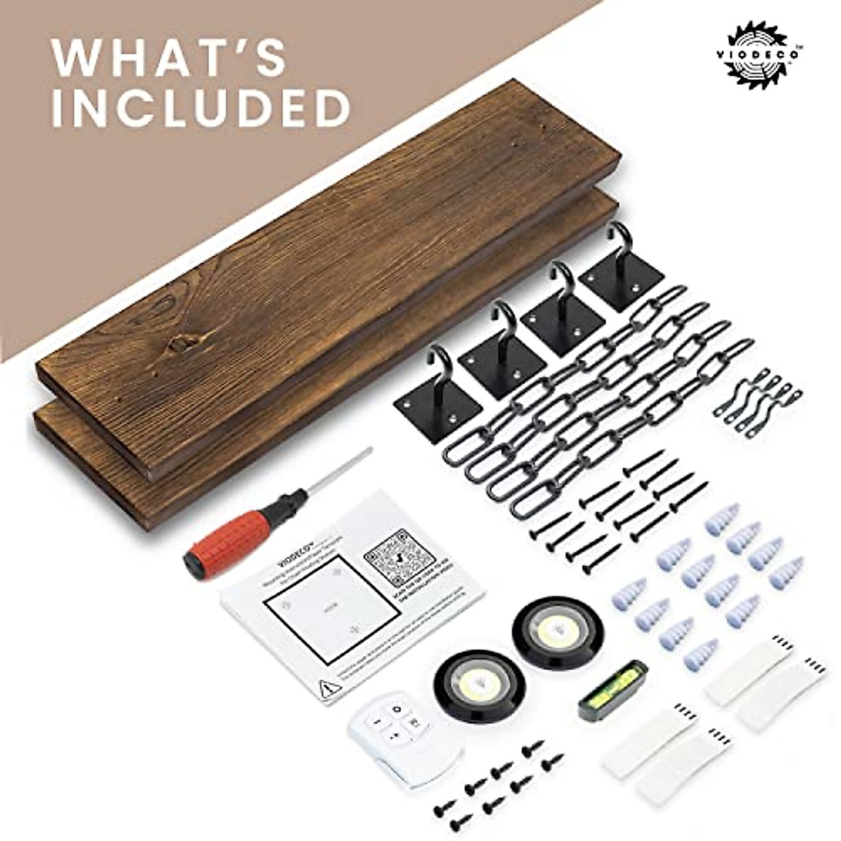 VIODECO Set of 2 Solid Chain Floating Shelves, 25.6" Natural Pine Rustic Wall Shelf for Living Room Or Kitchen, Walnut Bathroom Decor Or Bedroom Bookshelf, Farmhouse Country Decorative Wall Shelves